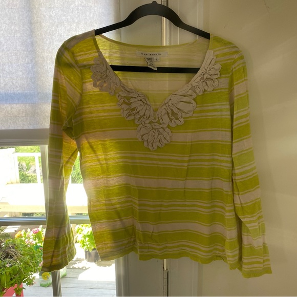 Max Studio | Tops | Max Studio Green Cream Stripped With Ruffle Detail ...